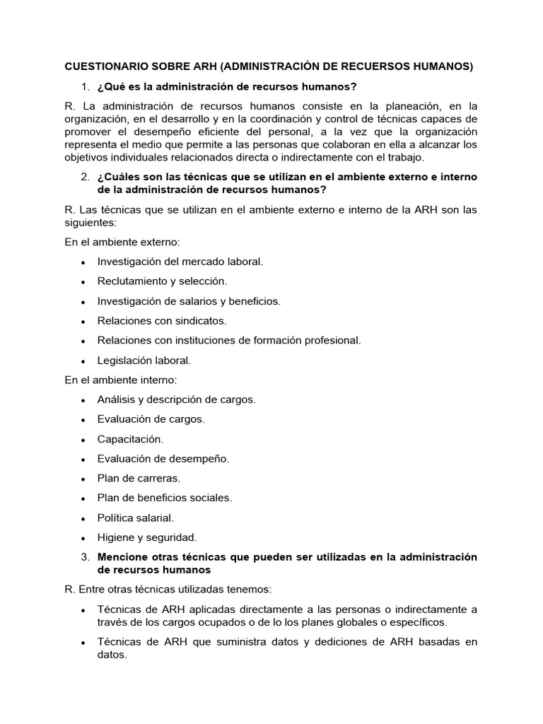 Cuestionario Sobre Arh | PDF | Gestión de recursos humanos | Business