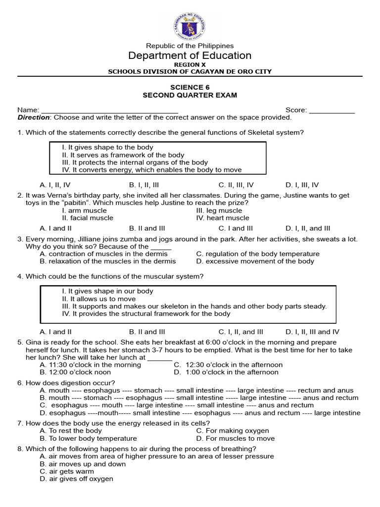 Science - 6 Second Quarter Exam | PDF