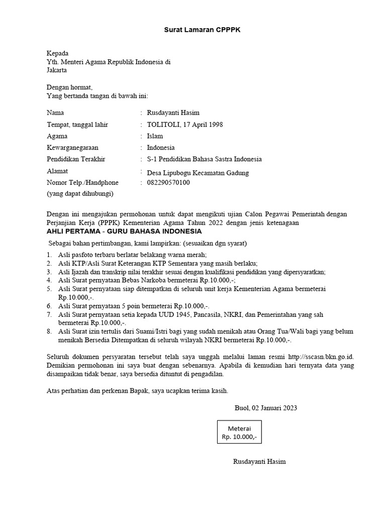 Surat Lamaran dan Pernyataan PPPK 2022 | PDF