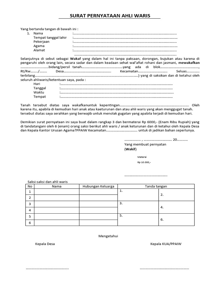 Surat Pernyataan Wakaf Dan Ahli Waris | PDF