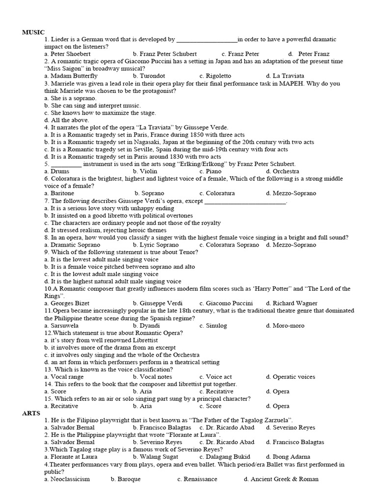 4th Quarter Grade 9 Exam | PDF | Opera | Theatre