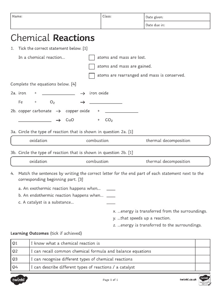 t3 SC 358 Ks3 Chemical Reactions Homework Activity Sheet Ver 3 | PDF