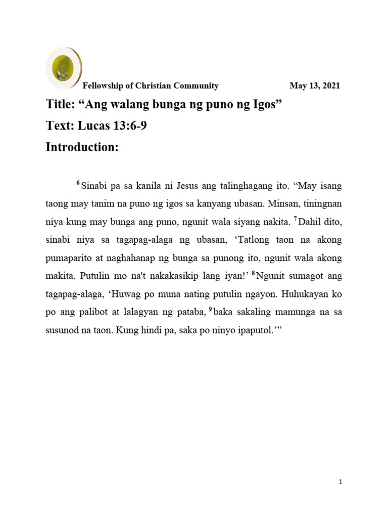 Ang Walang Bunga NG Puno NG Igos | PDF