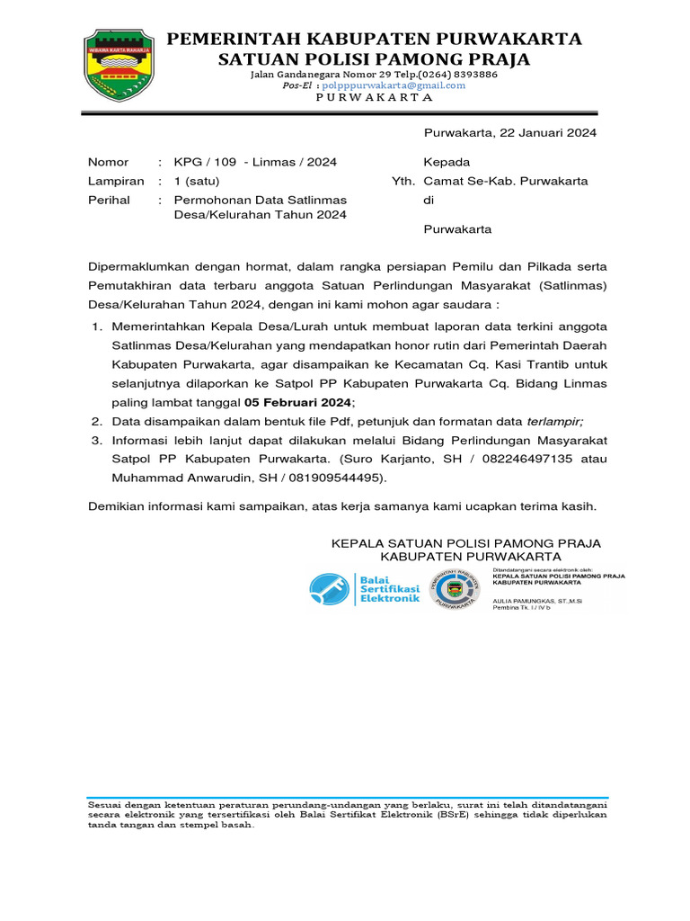 KPG 109 - Linmas 2024 - SURAT PENDATAAN LINMAS 2024 - Signed PDF | PDF