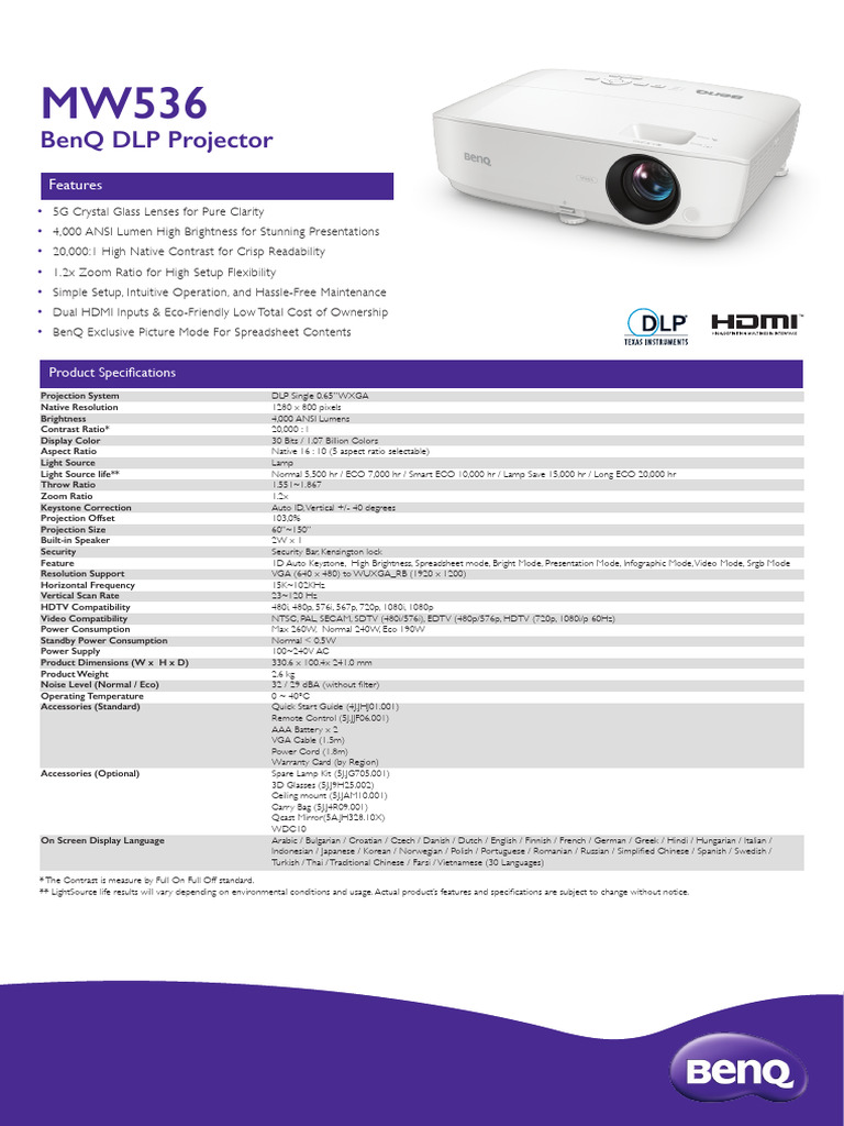 Benq mw536 Datasheet en PDF | PDF