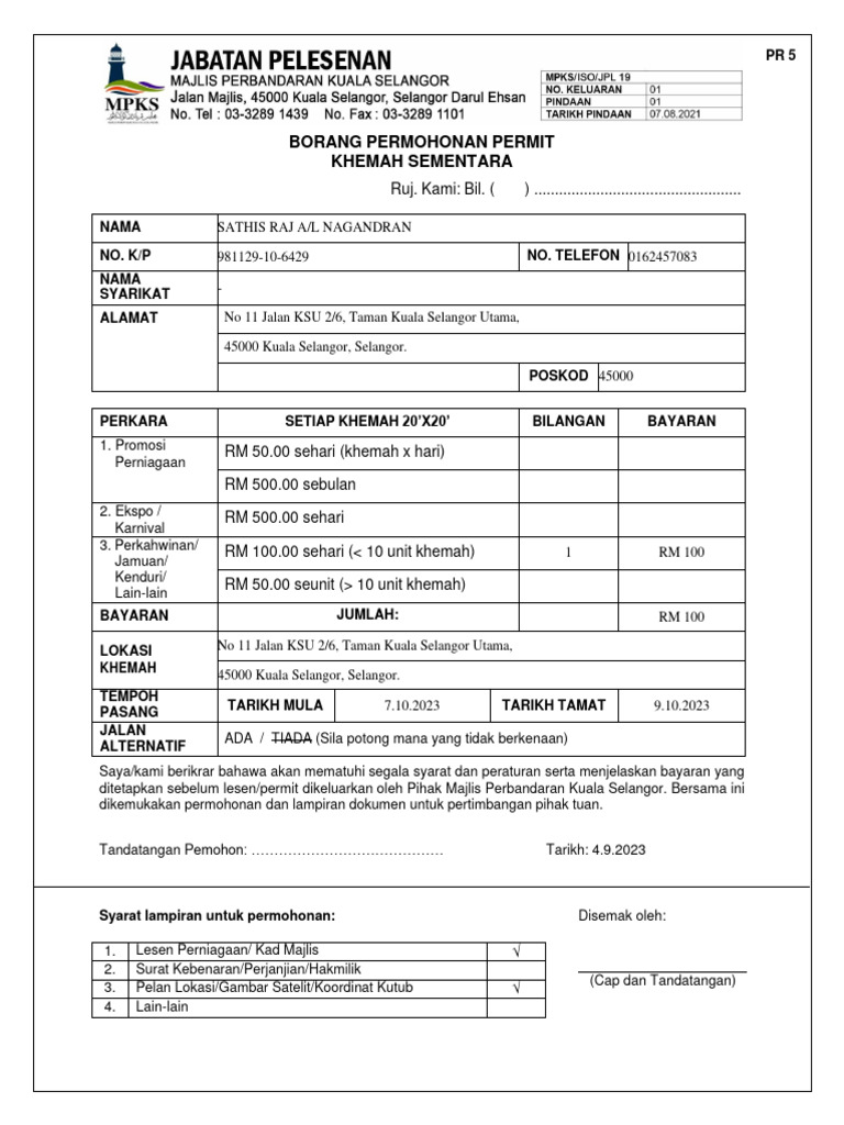 Borang - Permit - Khemah - Sementara Satish | PDF