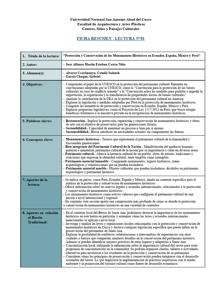 01 - Resumen-Lectura | PDF | Patrimonio cultural | Patrimonio de la Humanidad