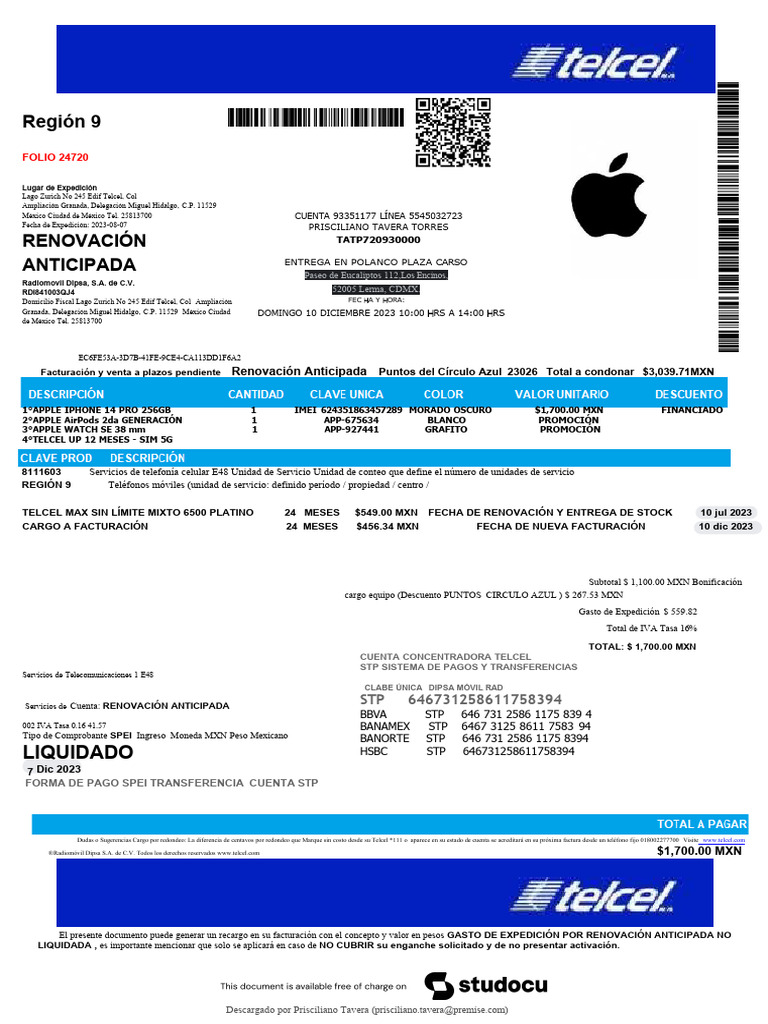 Tatp720930000 Pag Factura Telcel | PDF | Telecomunicaciones ...