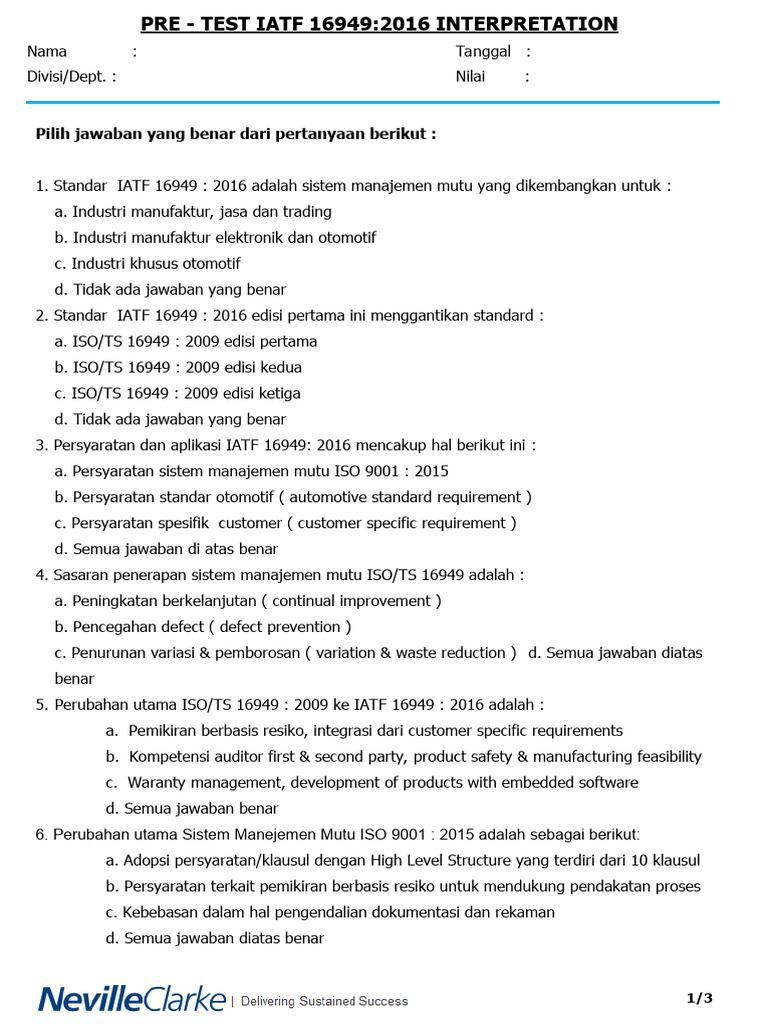 Pre-Test Interpretation IATF 16949-2016 | PDF