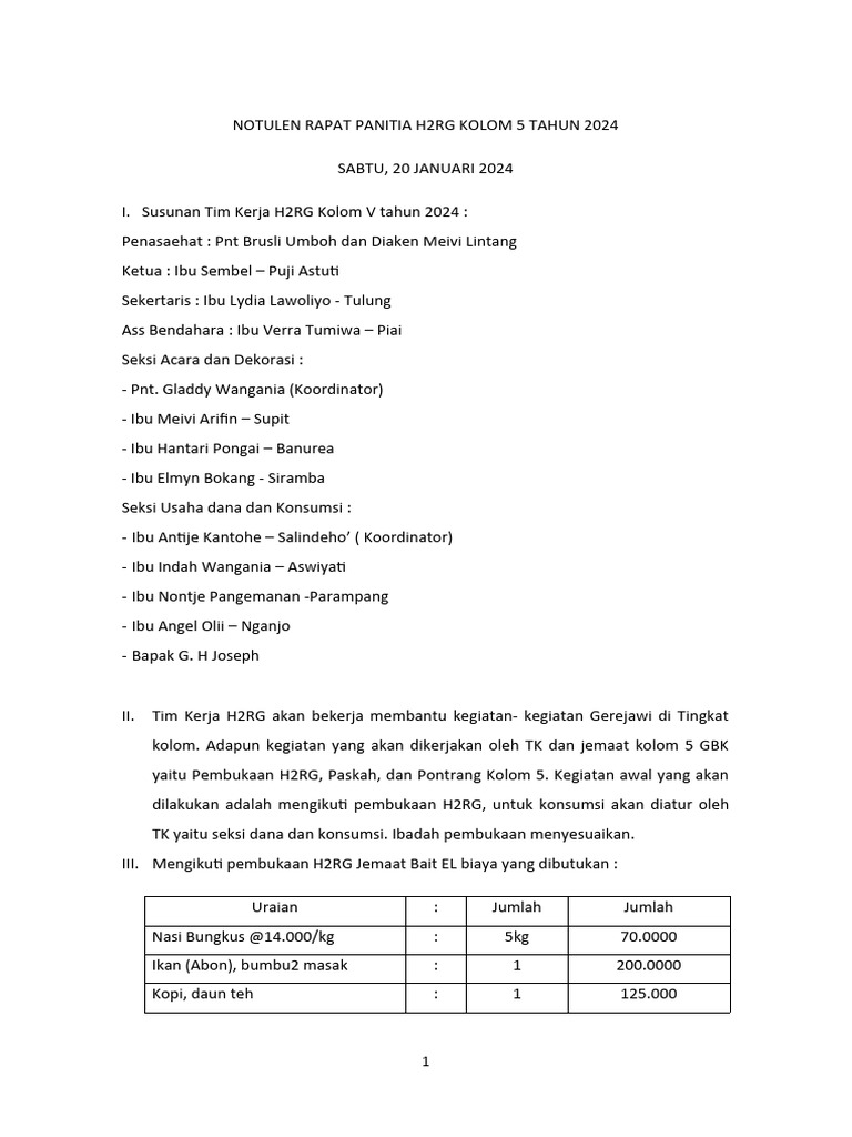 Notulen Rapat Panitia H2RG 2024 | PDF