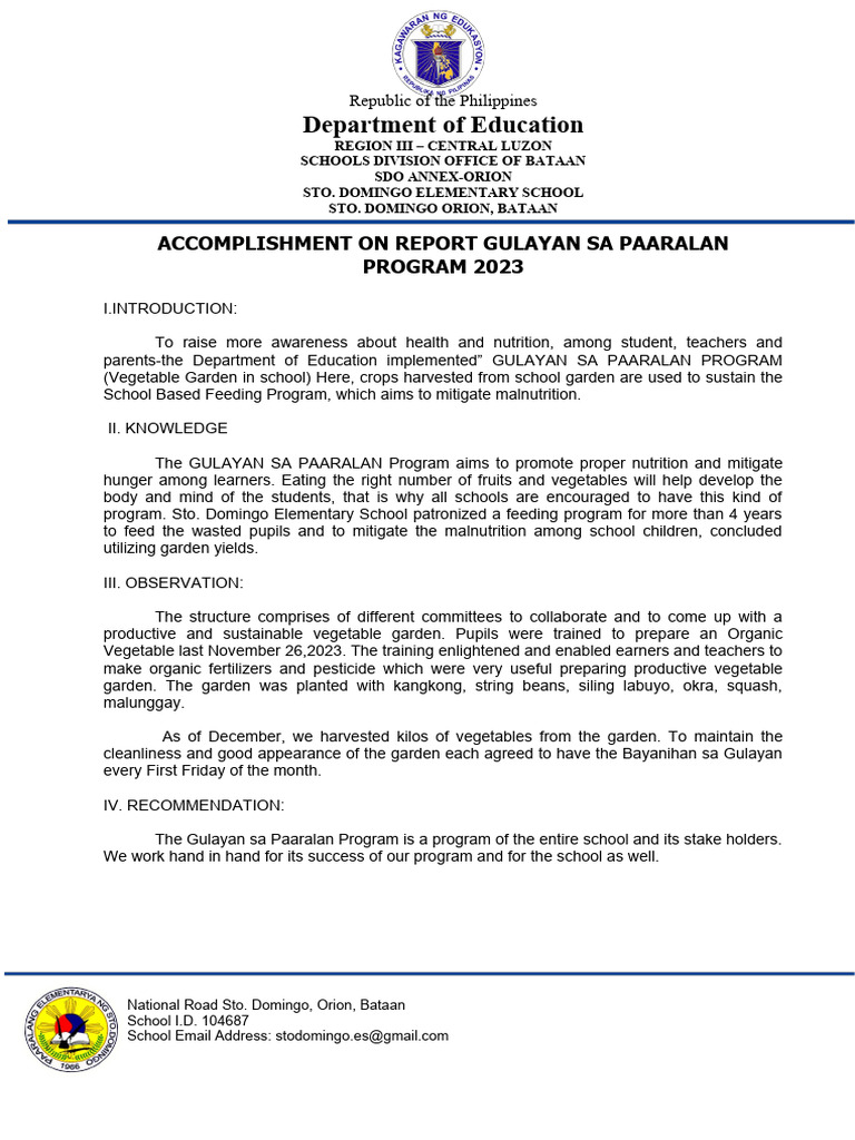 Gulayan sa Paaralan Program Report 2023 | PDF | Vegetables | Malnutrition