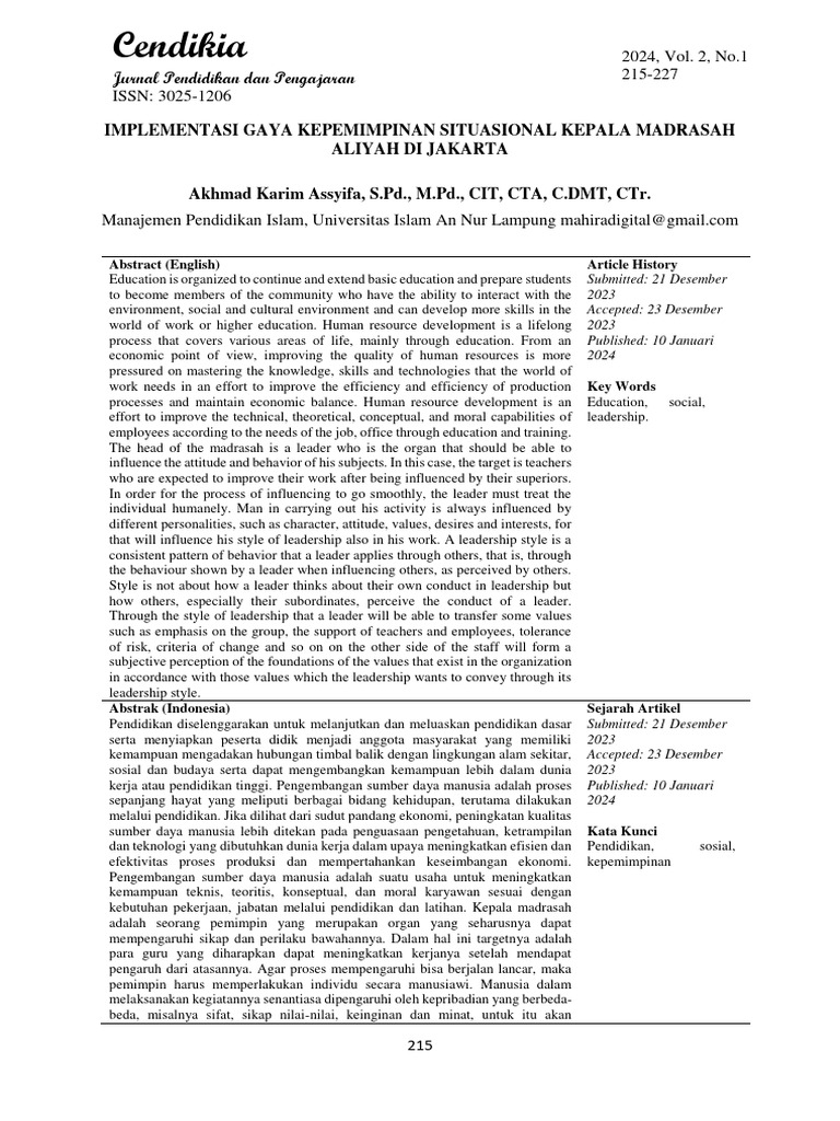 Cendikia: Jurnal Pendidikan - 2024, Vol. 2, No.1 215-227 - Akhmad Karim ... Cendikia: Jurnal Pendidikan - 2024, Vol. 2, No.1 215-227 - Akhmad Karim ...