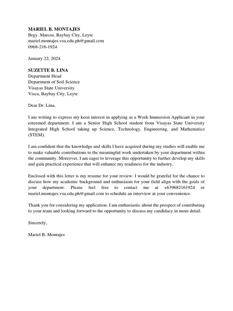 Work Immersion - Application Letter | PDF