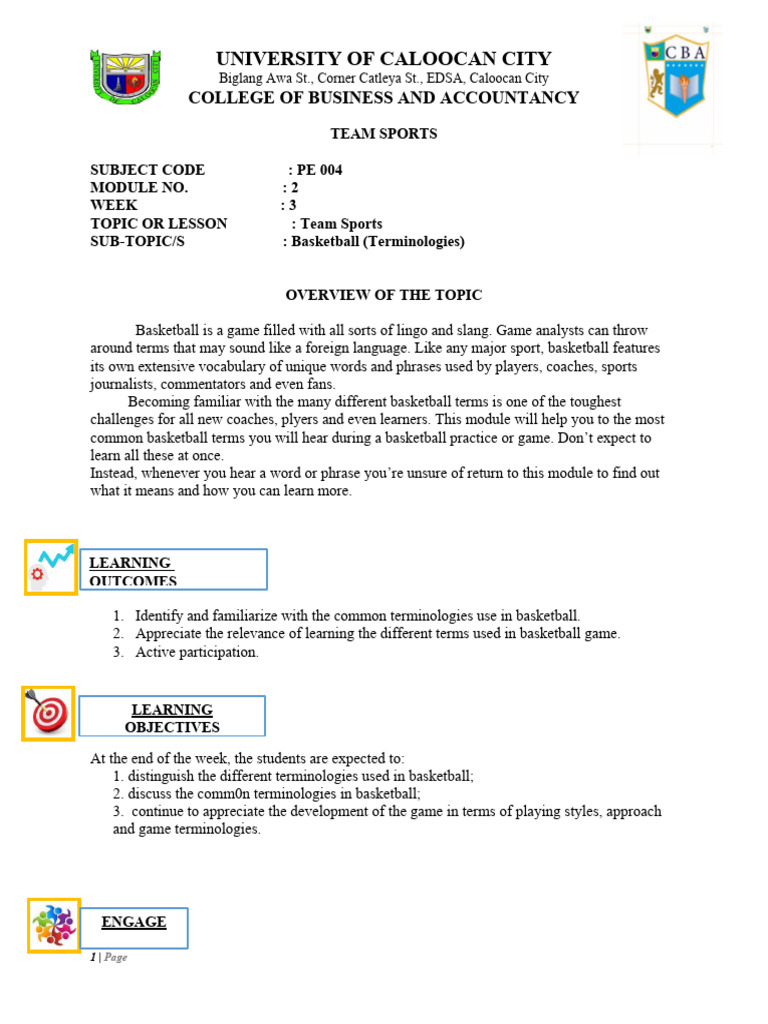 Module 2 Week 3 PE 004 Terminologies of Basketball | PDF | Games Of ...