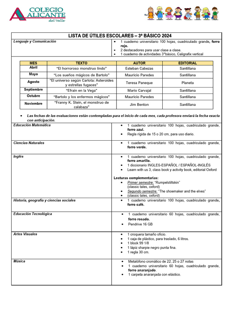 5.-LISTA-DE-UTILES-3°BASICO-2024 (1) | PDF | Lápiz | Cuaderno