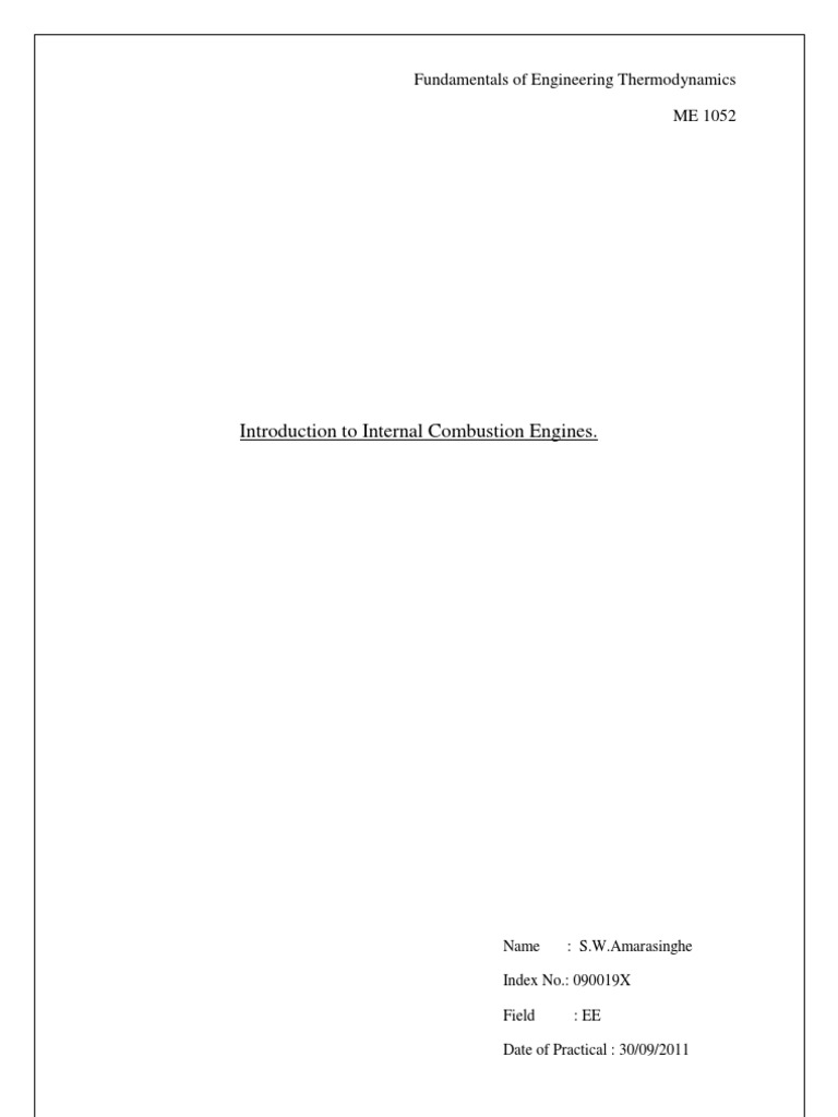 Introduction To Internal Combustion Engines.: Fundamentals of Engineering Thermodynamics ME 1052 ...