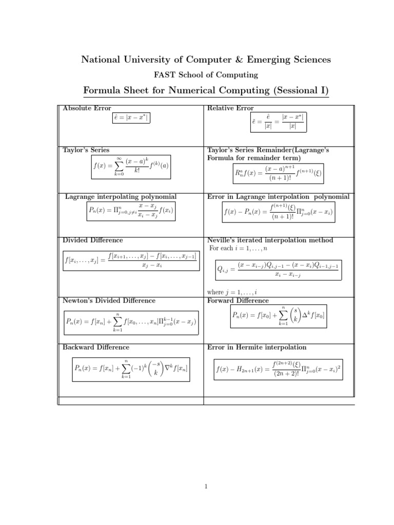Numerical Formula Sheet Sessional I | PDF | Finite Difference | Algebra