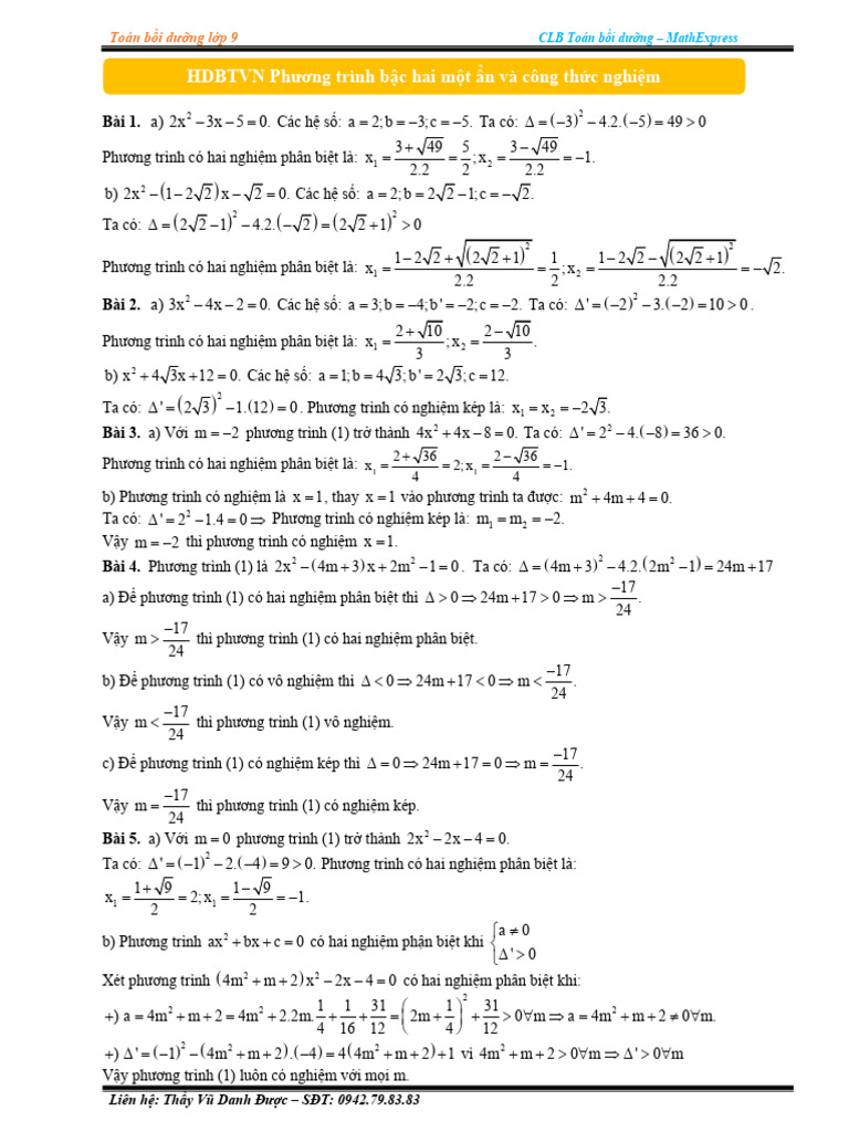 HDBTVN 9.3A Phương trình bậc hai một ẩn và công thức nghiệm | PDF