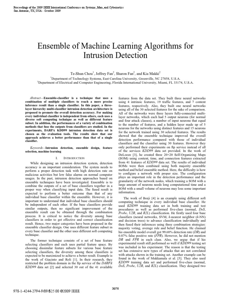 Ensemble of Machine Learning Algorithms For Intrusion Detection | PDF ...