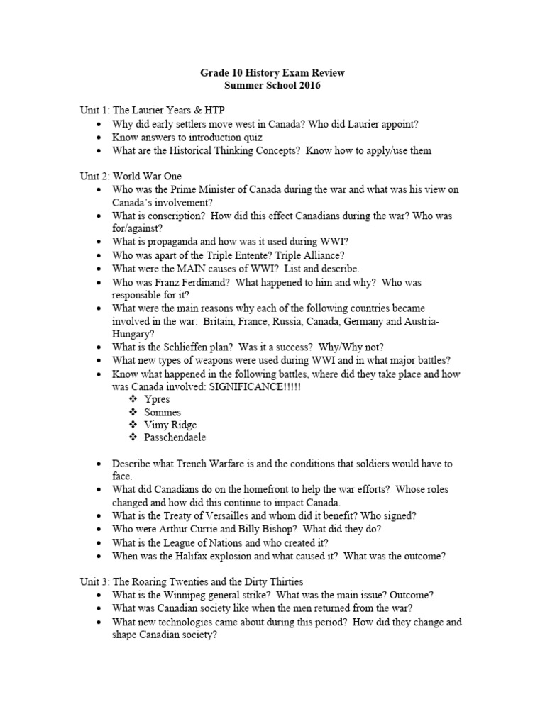 Grade 10 History Exam Review | PDF | World War I | Global Conflicts