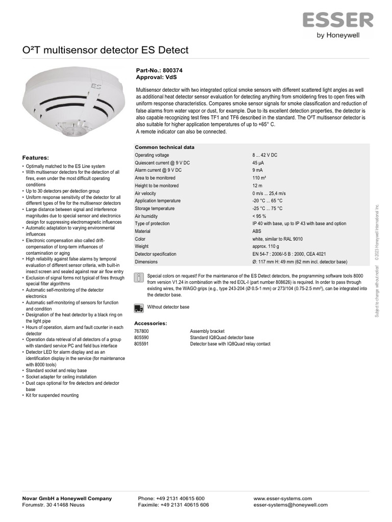 Fisa Tehnica Detector de Fum ES Esser 800374 O2T | PDF