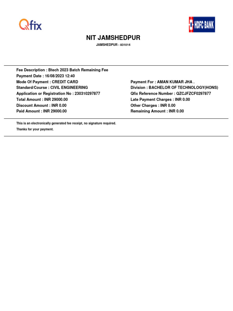 Qfix-Payment-Receipt-Btech 2023 Batch Remaining Fee | PDF