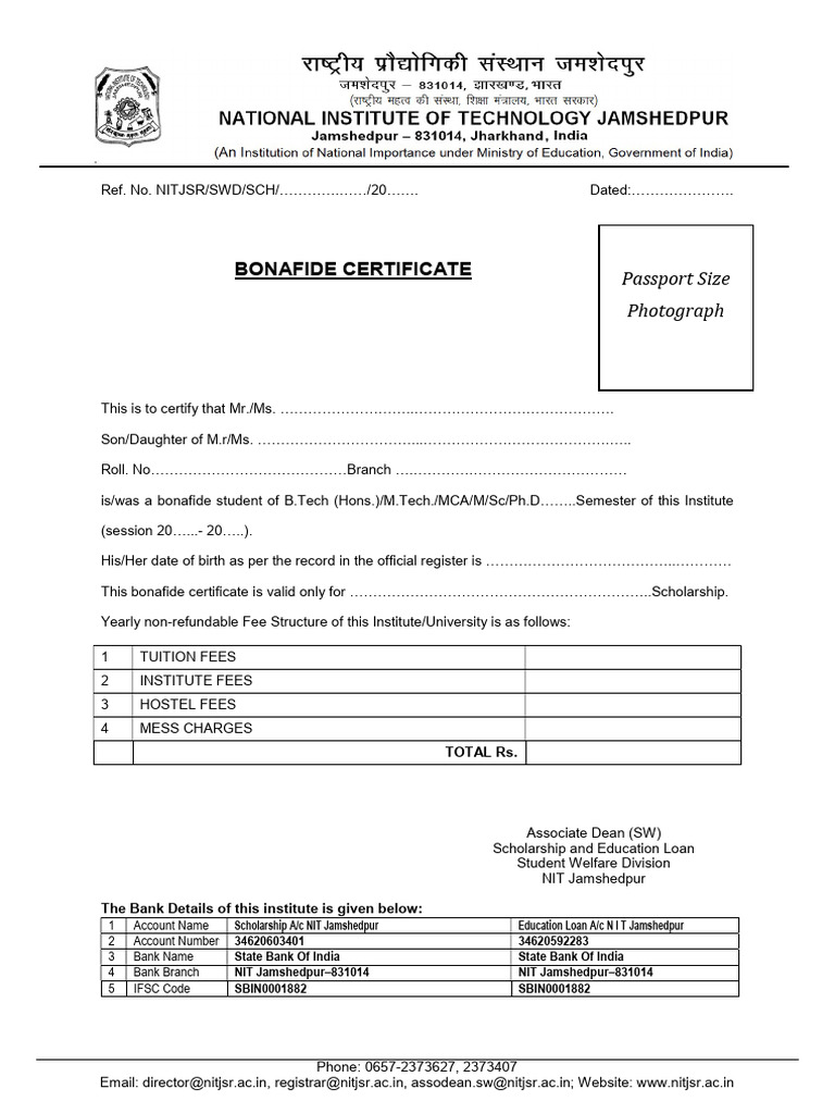NIT JSR Bonafide Certificate With Fee | PDF