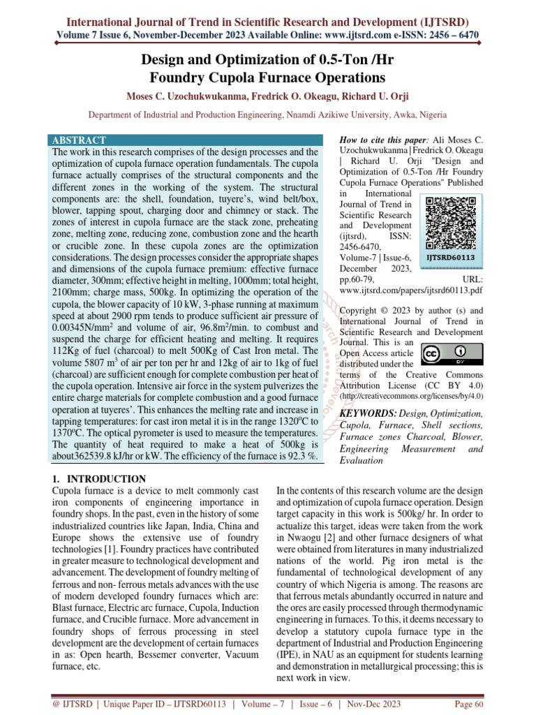Design and Optimization of 0.5 Ton HR Foundry Cupola Furnace Operations ...