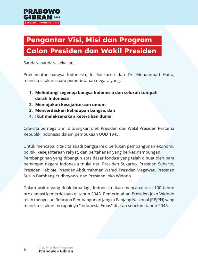 Visi Misi Prabowo-Gibran 2024 | PDF