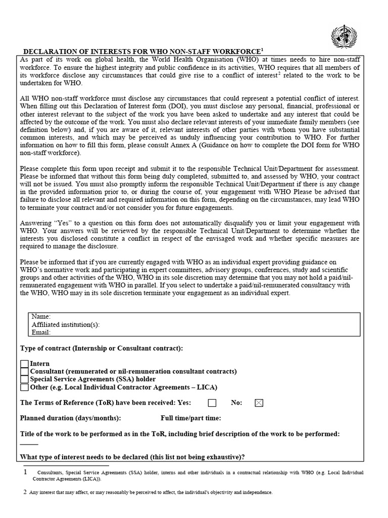 DoI Form For Who Non-Staff Workforce - Blank | PDF | World Health ...