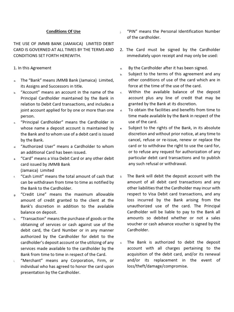 JMMB Bank (Jamaica) Terms and Conditions | PDF | Credit Card | Debit Card