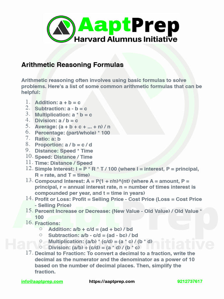 Aaptprep Arithmetic Reasoning Formulas Pdf Interest Mathematics