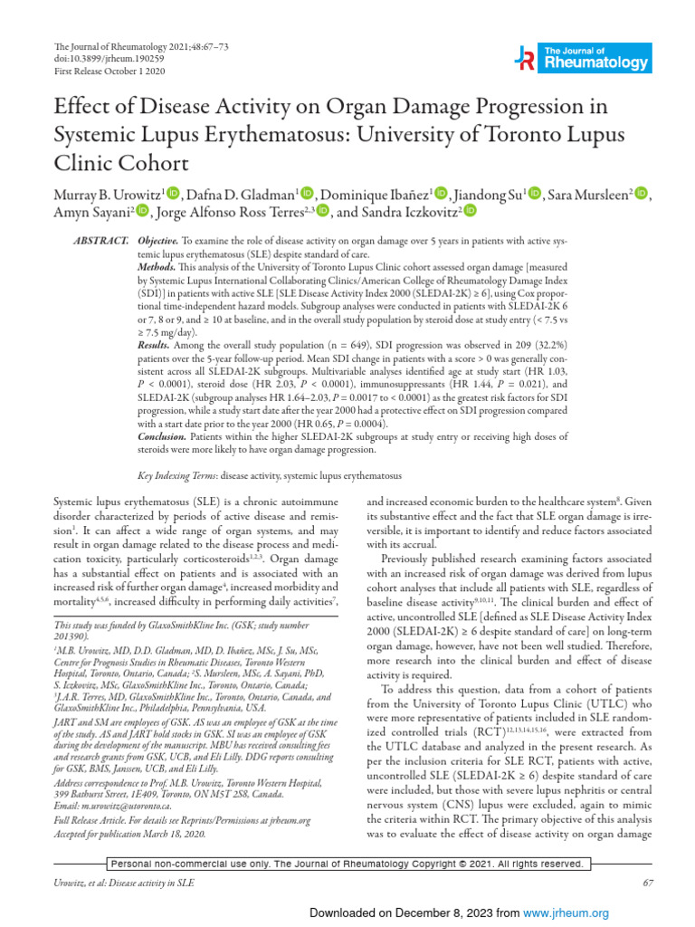 Journal or Rheumatology 2021 - Effect of Disease Activity On Organ ...