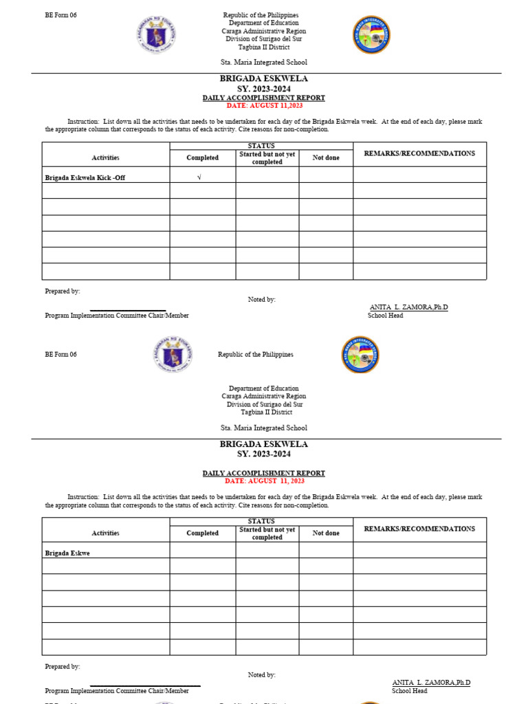 BE Form 6 DAILY ACCOMPLISHMENT REPORT | PDF | Philippines
