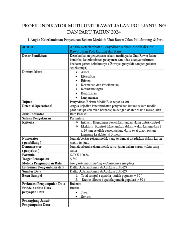 Profil Indikator Mutu Unit Rawat Jalan Poli Jantung Dan Paru Tahun 2024 ...