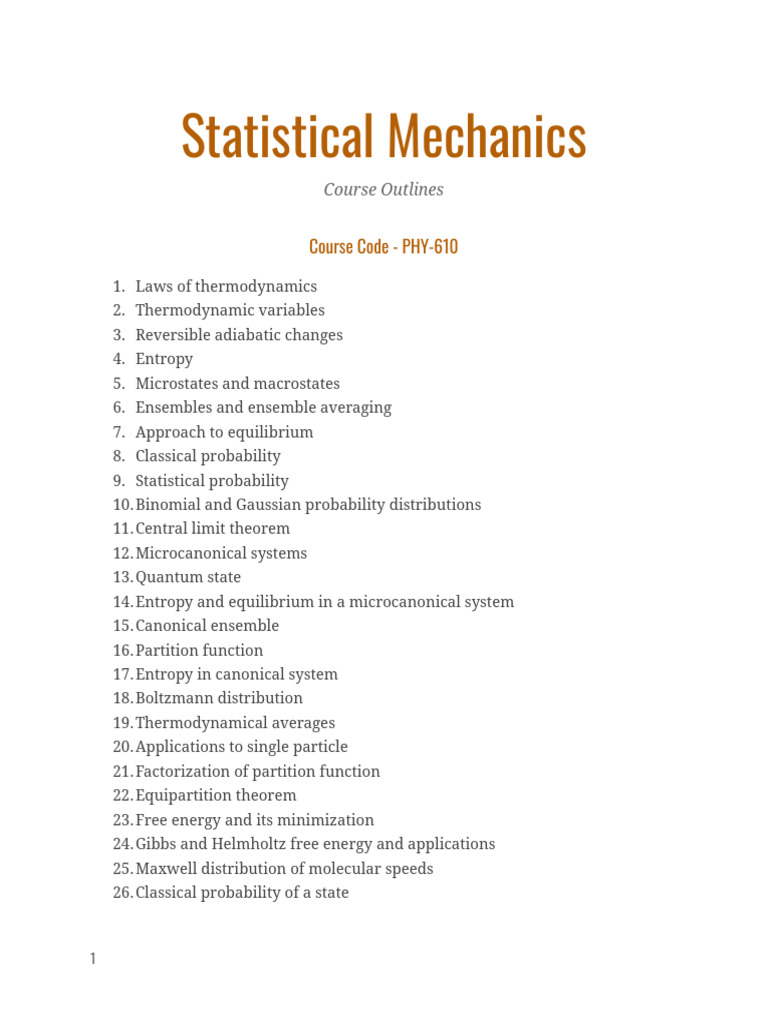 Course Outlines - Statistical Mechanics - PHY-610 | PDF
