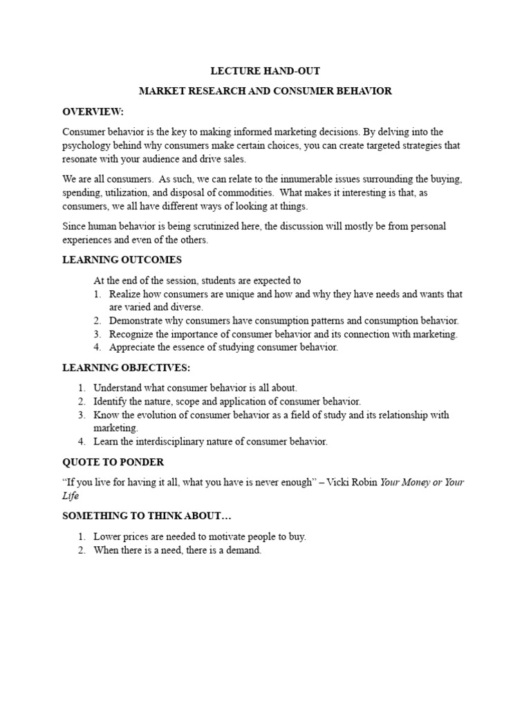 Lecture Handout in Consumer Behavior Part 1 | PDF | Consumer Behaviour ...