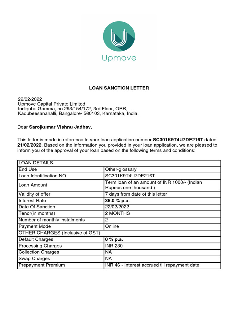 Loan Sanction Letter SC301K9T4U7DE216T | PDF | Loans | Interest