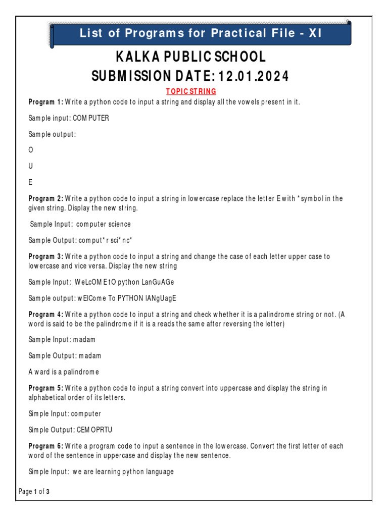 Computer Sc. Practical File - XI 2023-24 | PDF