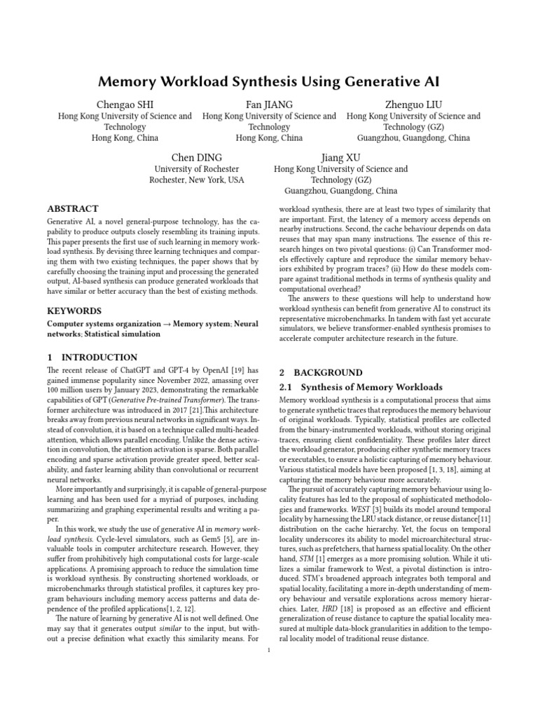 Memory Workload Synthesis Using Generative AI: Chengao SHI Fan Jiang Zhenguo LIU | PDF | Cpu ...