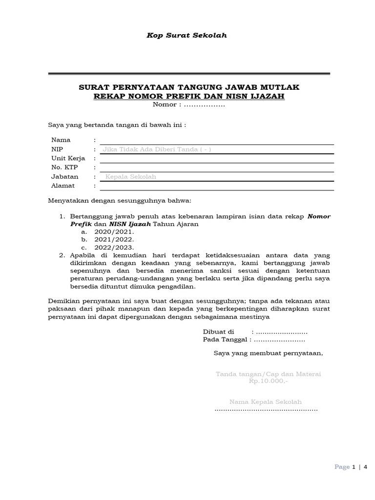 Draft SPTJM Rekap Prefik & Nisn Ijazah | PDF
