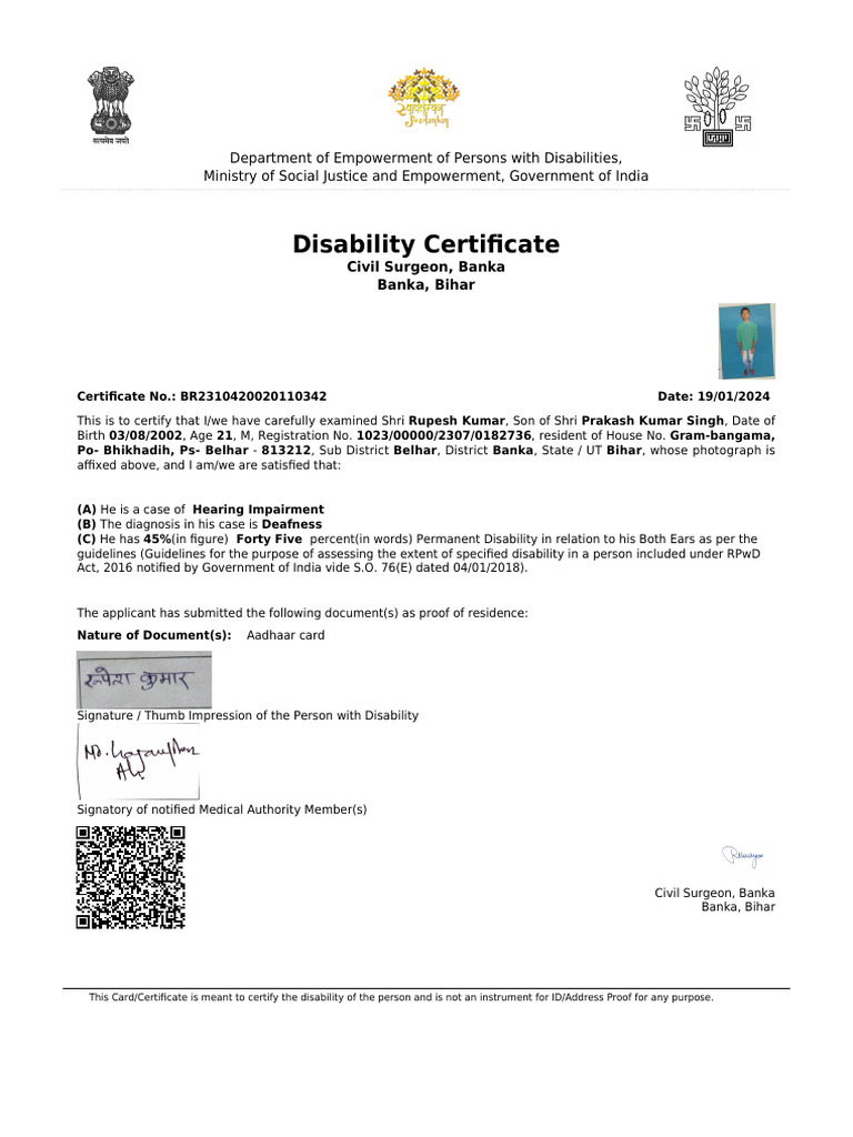 Disability Certificate | PDF