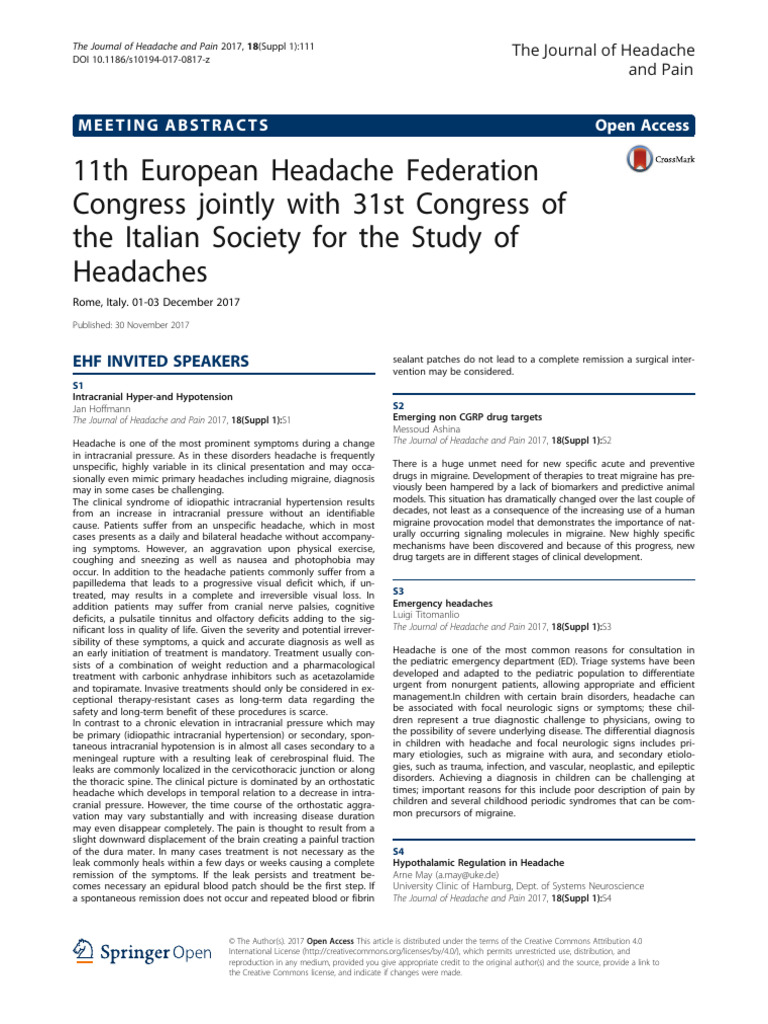 11th European Headache Federation Congress Jointly With 31st Congress ...