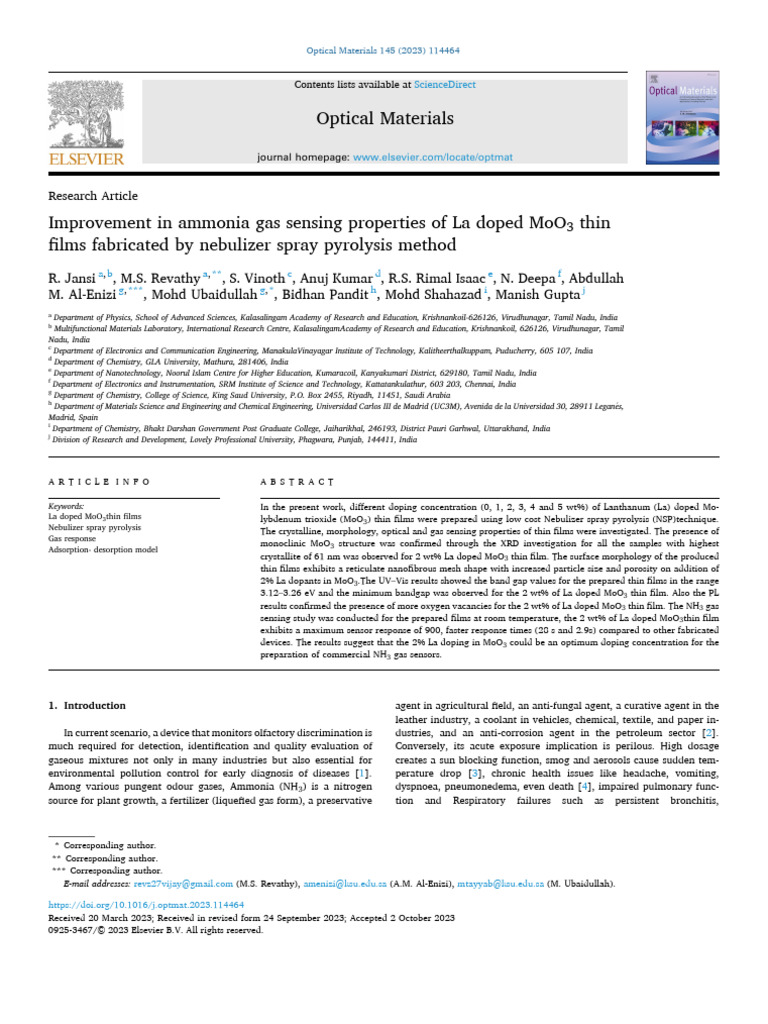 51 Improvement in Ammonia Gas Sensing Properties of La Doped MoO3 Thin ...