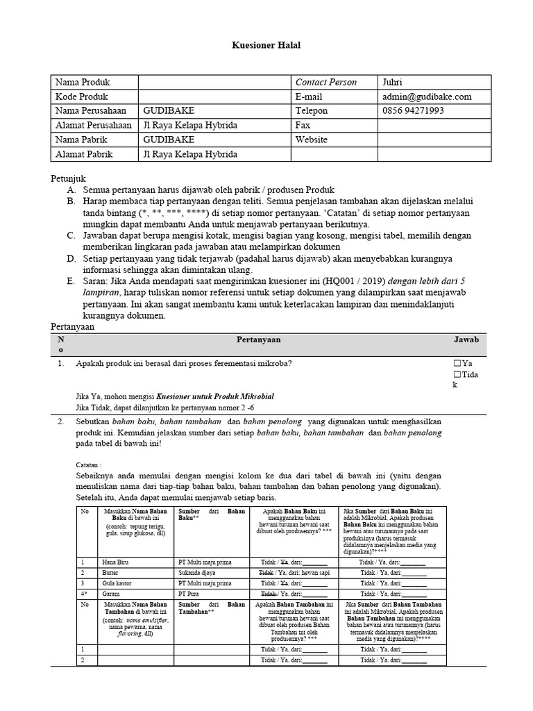 Halal Questionnaire For General Material (HQ001) - Indonesia | PDF
