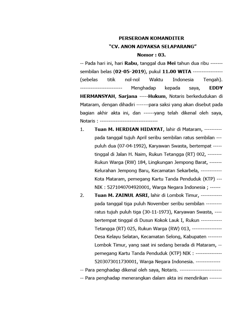 Pendirian Cv. Anon Adyaksa Selaparang | PDF