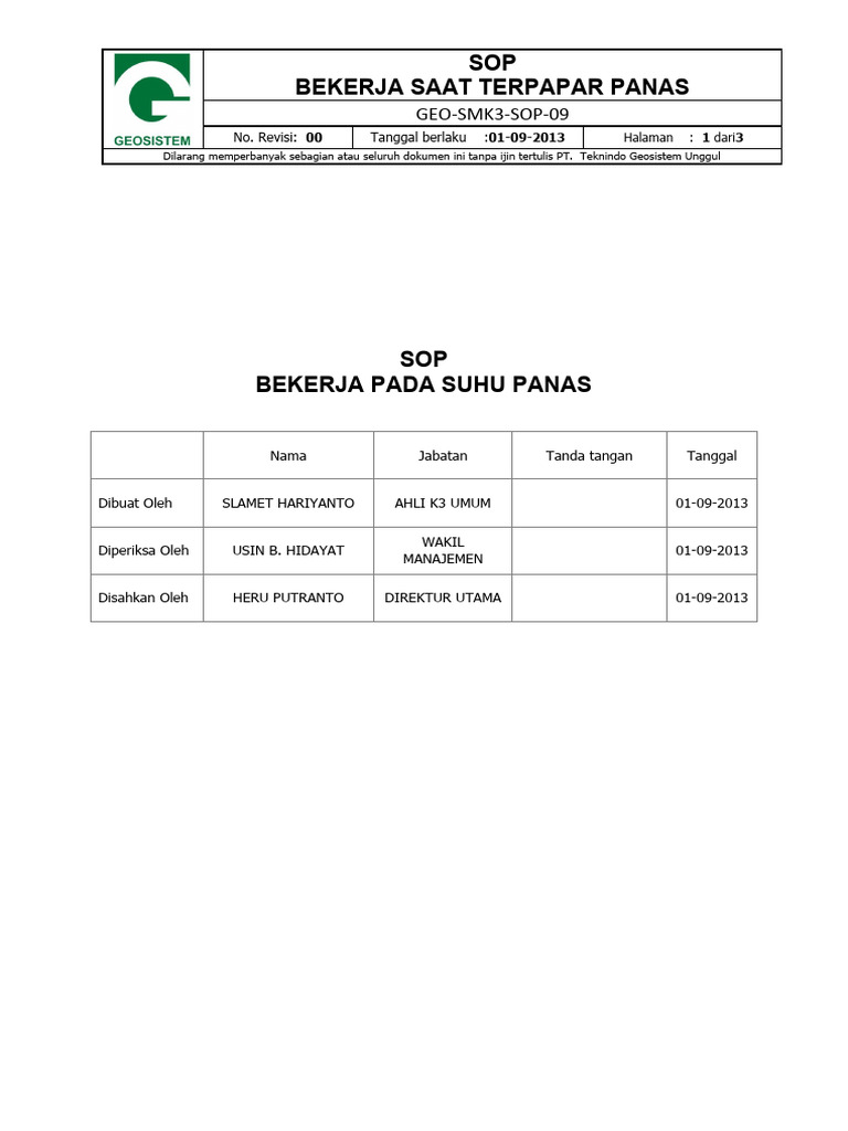 GEO-SMK3-SOP-09 SOP-Bekerja Pada Saat Terpapar Panas (R00-18022014) | PDF