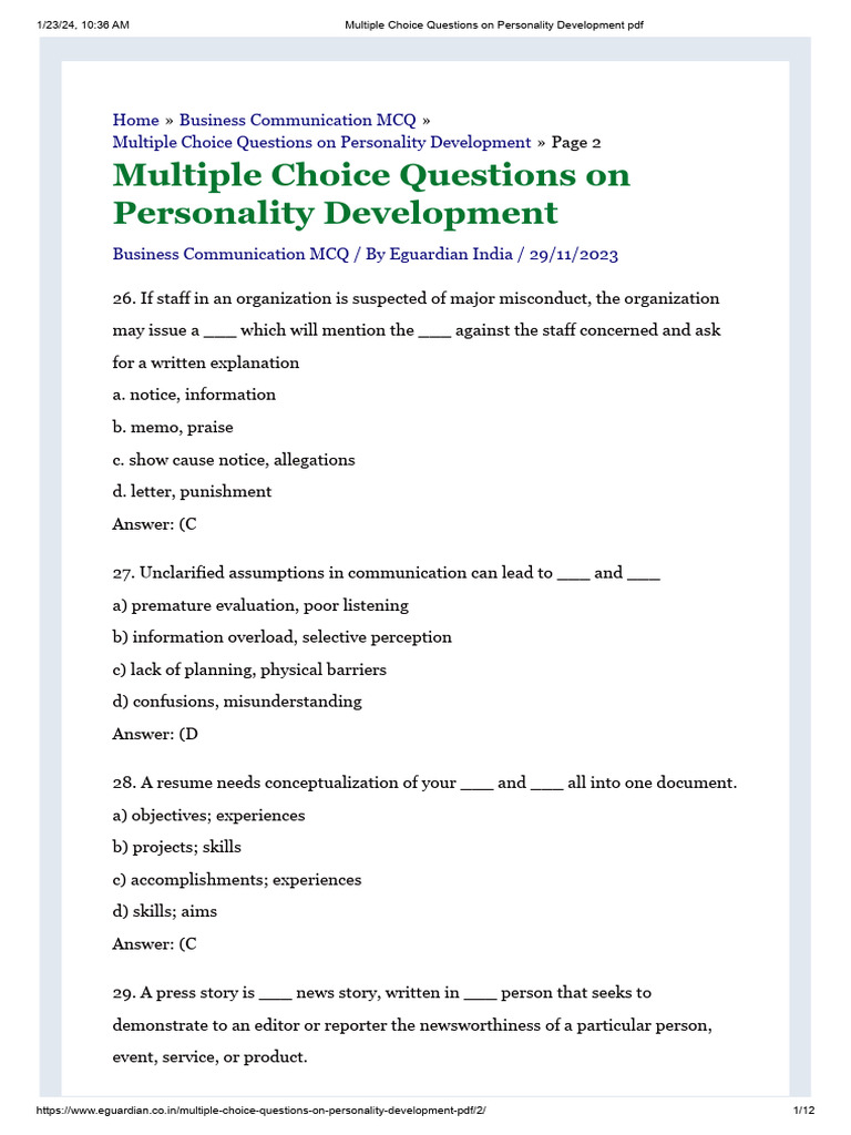 Multiple Choice Questions On Personality Development pdf-2 | PDF