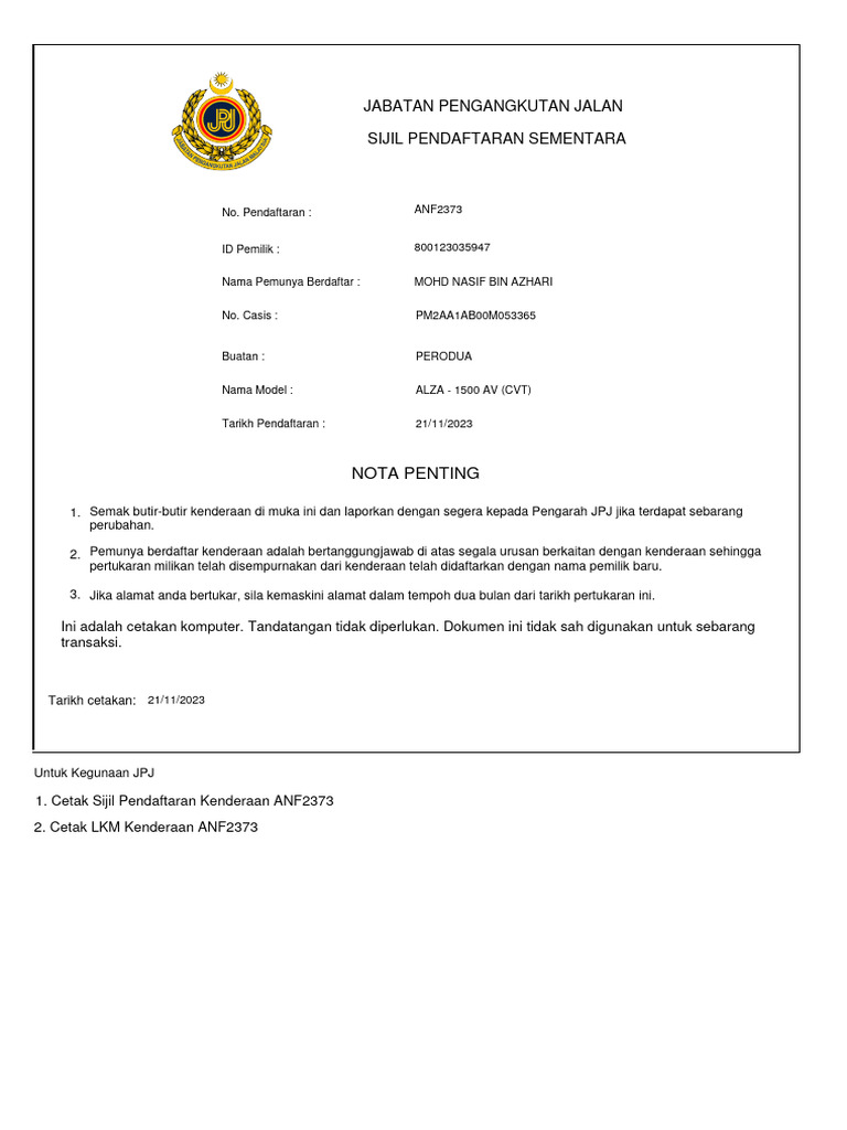 Sijil Pendaftaran Sementara JPJ | PDF