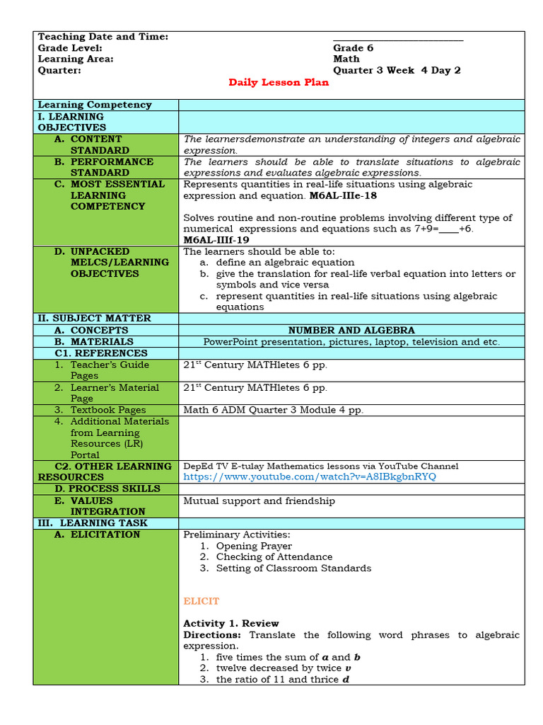 Algebraic Expressions Lesson Plan 6 | PDF